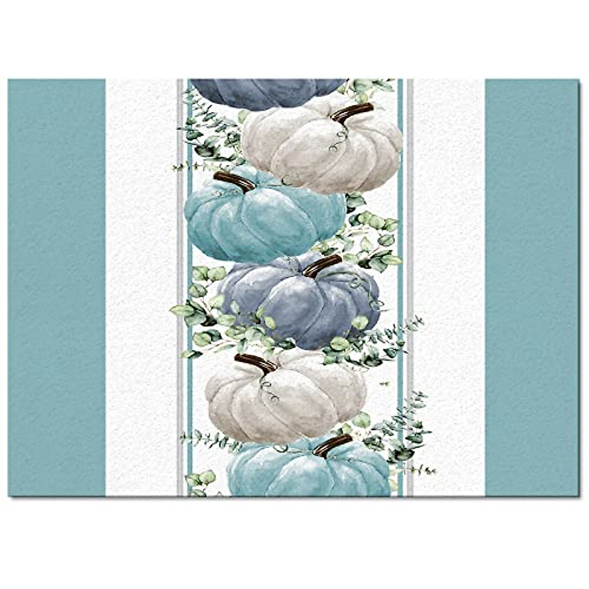 OComster Fall Thanksgiving Rectangle Shape Large Area Rugs - 2 x 3 Feet Blue Grey Pumpkin Eucalyptus Leaves Teal Striped - (Non-Woven + Rubber) Low File Floor Mat