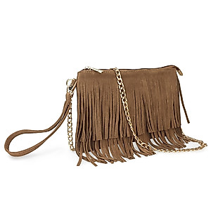HOXIS Fringe Cross Body Bag Womens Small Shoulder Bag Top Zip Wristlet Brown