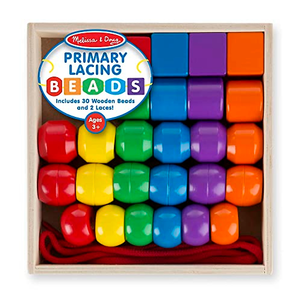 Melissa & Doug Primary Lacing Beads - Educational Toy With 30 Wooden Beads and 2 Laces - Beads For Toddlers, Fine Motor Skills Lacing Toys For Toddlers And Kids Ages 3+