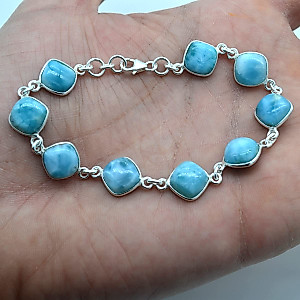 DESIGN HUB Blue Larimar Stone Bracelets 925 Silver Overlay For Women Girl Gifts - Gemstone Adjustable 7.50" Cushion Cabochon Link Bracelets Christmas Gifts For Her (Bracelet Style 3)