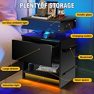 LAINELAND Night Stand Set 2,Nightstand with Charging Station,Induction Light and LED Light,Bedside Table with Drawers,Modern Nightstand End Side Table for Bedroom,Nightstands with Bookshelf,Black