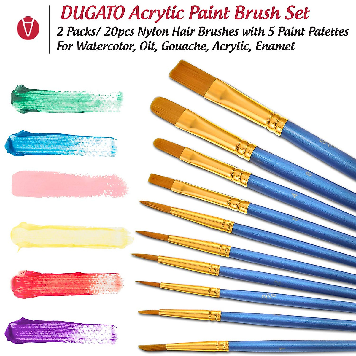 Paint Brushes Palettes Set by DUGATO, 2 Packs/20pcs Round Pointed Tip Nylon Hair Brushes with 5 Paint Trays for Acrylic Watercolor Oil Gouache Tempera and Body Painting