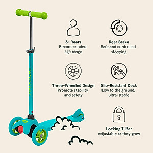 Retrospec Chipmunk Kick 3 Wheel Scooter for Kids, Toddlers, Girls & Boys - Padded Handlebars, PU Wheels, & Extra Wide Non-Slip Deck - Children 5 Years & Up - Turquoise