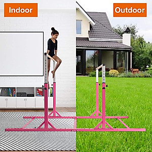 GOFLAME Double Horizontal Bars, Gymnastics Parallel Bars with Adjustable Height and Width, Junior Training Gym Bar for Kids, Ideal for Indoor Outdoor Use (Pink)