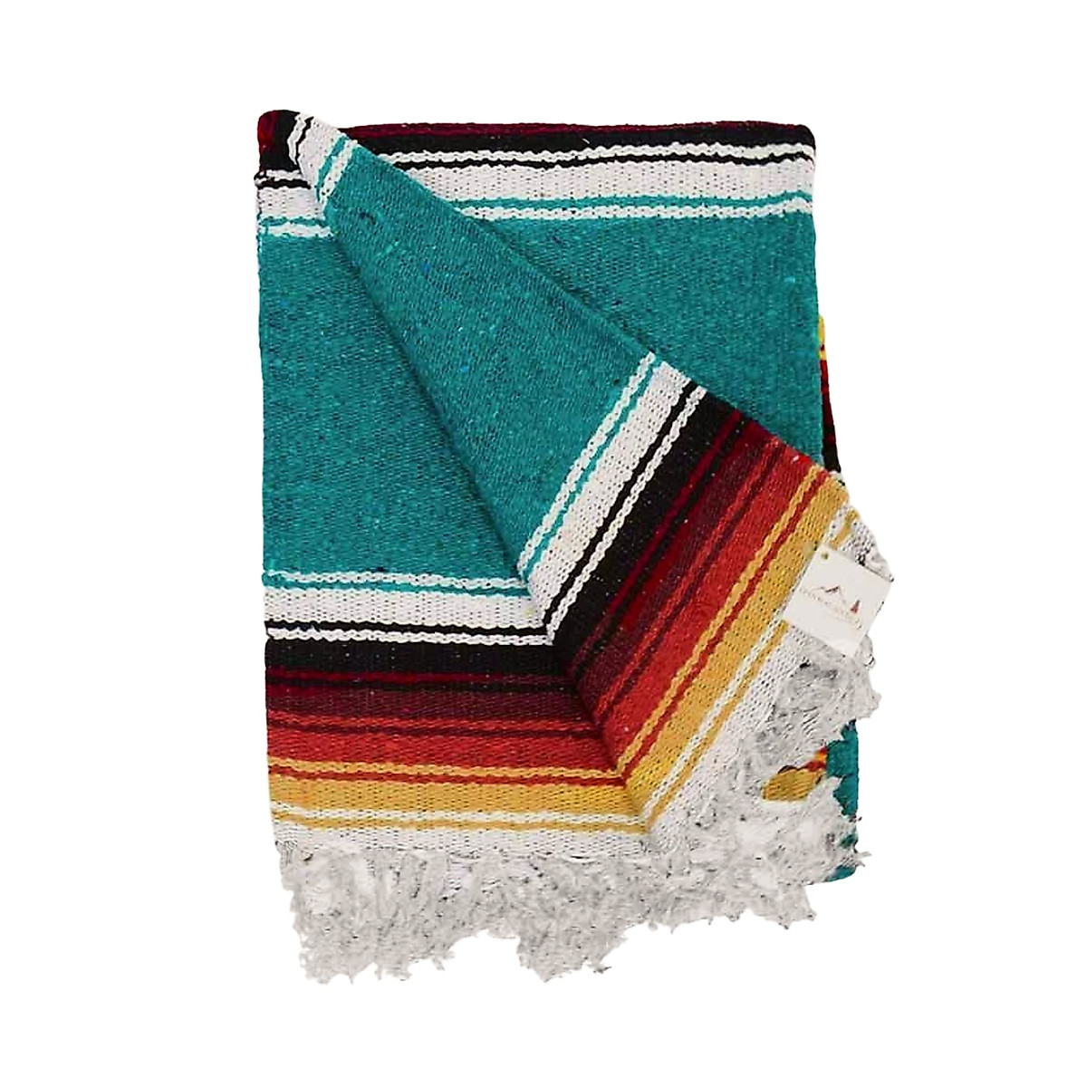 Open Road Goods Teal/Turquoise Diamond Mexican Yoga Blanket, Thick Serape with Red and Yellow Sunset Stripes - Handmade