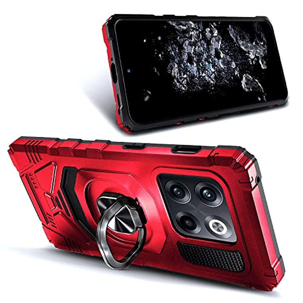 NZND Case for OnePlus 10T 5G with Tempered Glass Screen Protector (Maximum Coverage), Full-Body Protective [Military-Grade], Magnetic Car Ring Holder, Heavy-Duty Cover Case (Red)