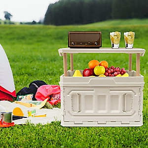 LUGBING Folding Storage Box, Outdoor Portable Camping Collapsible Storage Bin with Wooden Lid Plastic Storage Container for Car, Toys, Camping, Picnic