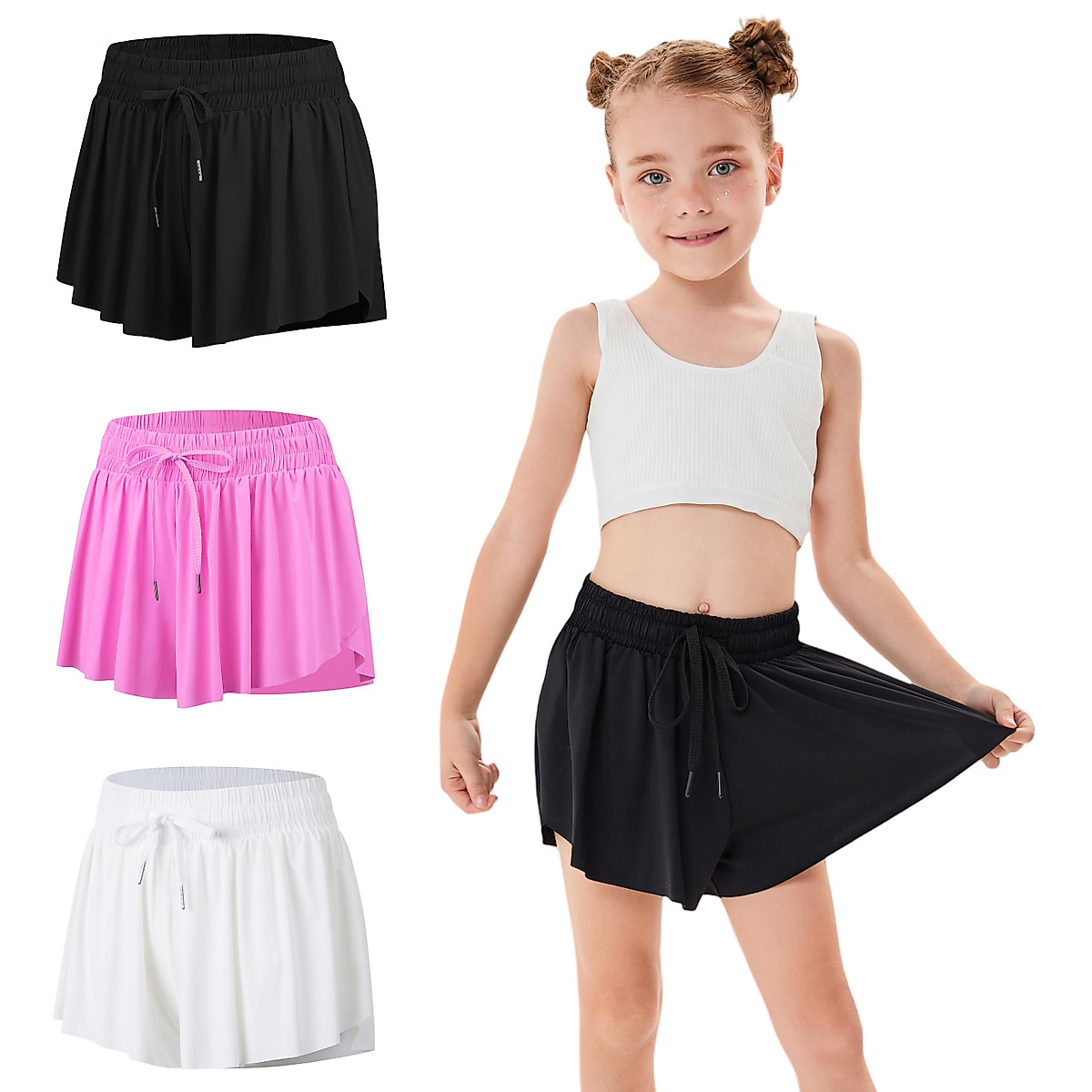 Girls 3 Pack Flowy Shorts with Spandex Liner 2 in 1 Youth Skirts for Fitness Running Sports Skort with Pockets Size 4 Set 04