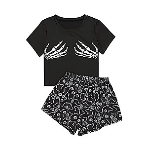 SweatyRocks Women's Cute Graphic Print Short Sleeve Crop Top with Shorts Pajama Set Black Skeleton XL