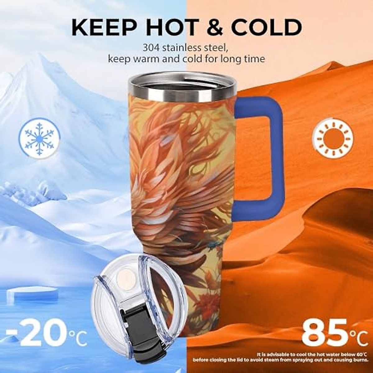 Phoenixs Chicken 40 Oz Car Cup Stainless Steel Travel Mug Leak-Proof Insulated Tumbler with Handle Deep Blue-style