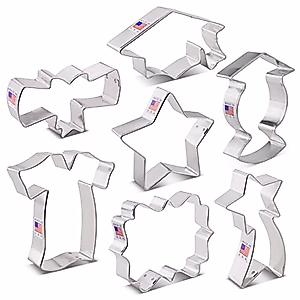 Ann Clark Cookie Cutters 7-Piece Graduation Cookie Cutter Set with Recipe Booklet, Graduation Cap, Gown, Diploma, Graduate, Star, Plaque, and Shooting Star