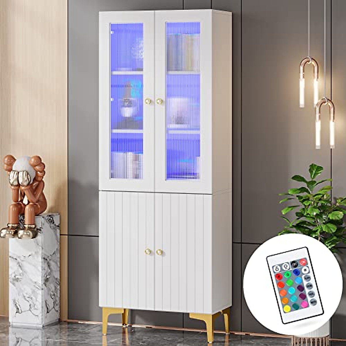 Tribesigns Bookcase with Doors and LED Light, White Bookshelf with 5-Tier Storage Shelves, Freestanding Tall Storage Cabinet for Living Room, Office, Bathroom