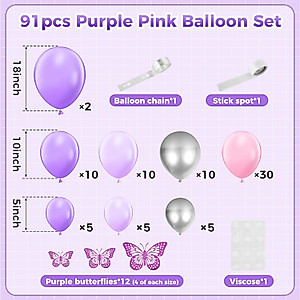 Pink and Purple Balloons Arch Kit, Purple and Silver Balloon Garland Kit with Pink Purple Silver Balloons Butterfly Stickers, DIY Balloon Party Decoratived for Birthday Baby Shower New Year Christmas