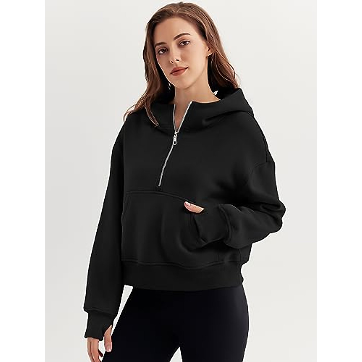 Trendy Queen Womens Hoodies Quarter Half Zip Pullover Oversized Sweatshirts Half With Pockets Fall Clothes BlackM