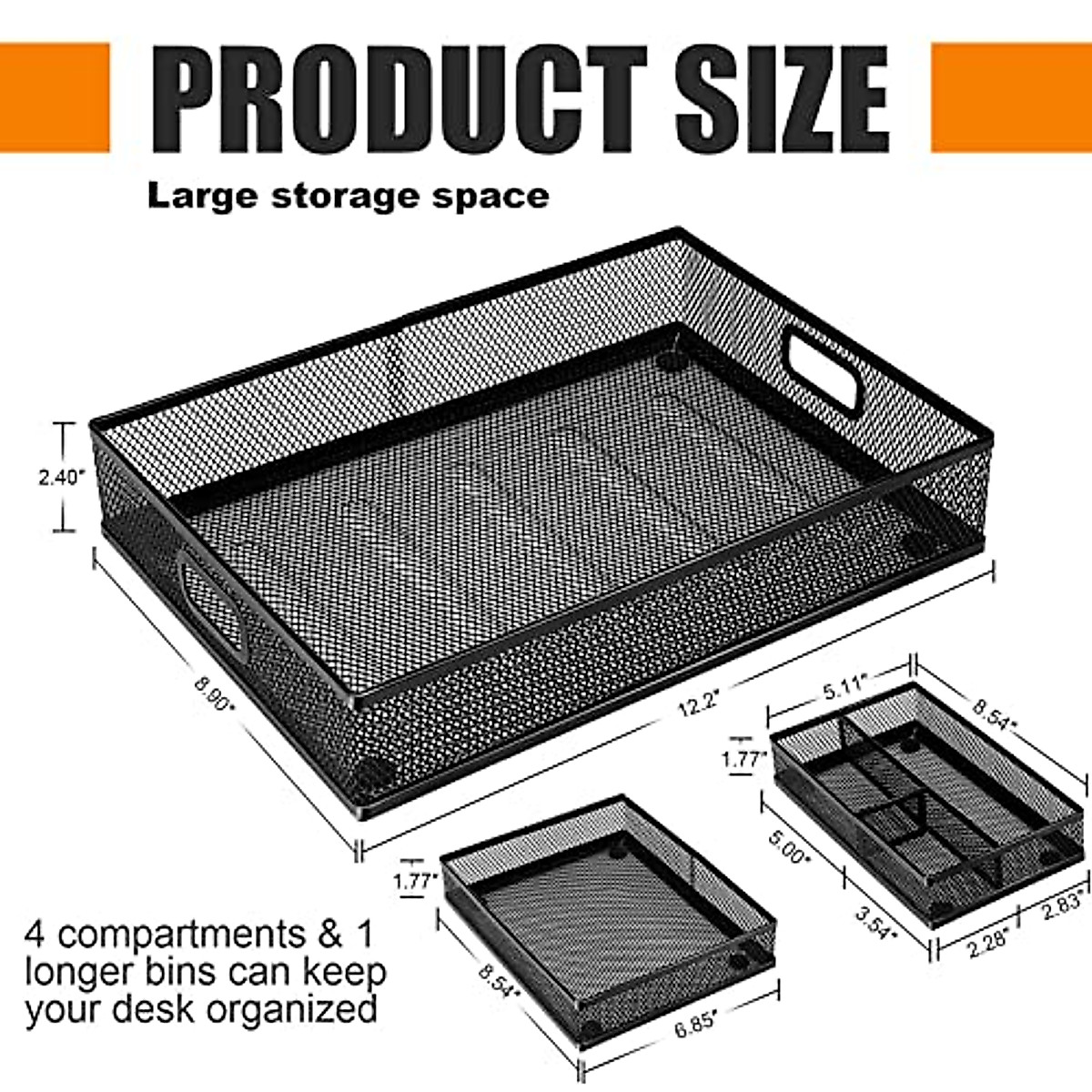 HOPECK Desk Drawer Organizer Tray for Office and Home, Metal Mesh Desk Organizer Storage Basket, 12.2 x 8.9 x 2.48inch，Black