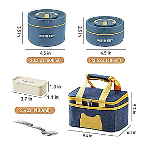 TiLeMiun Microwave Safe Thermal Lunch Box For Food, Portable Insulated Lunch Containers For Aldults To Work, 18/8 Stainless Steel Leakproof Stackable Food Container With Bag (Blue 4Pcs 68oz)