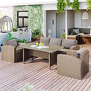 DHPM 4 Piece Patio PE Rattan Wicker C, Outdoor Sectional Conversation Furniture Chair Set Table, 3 Sofa with Cushions, 5 Seats for Garden, Poolside, Backyard, Gray
