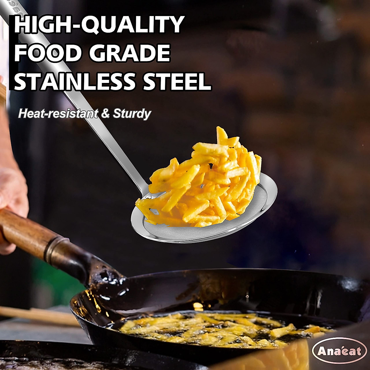 Anaeat 4.7" Stainless Steel Fat Skimmer Spoon - Professional Kitchen Fine Mesh Food Strainer and Hot Pot Skimmer with Long Handle for Skimming, Cooking, Frying, Grease, Gravy and Foam