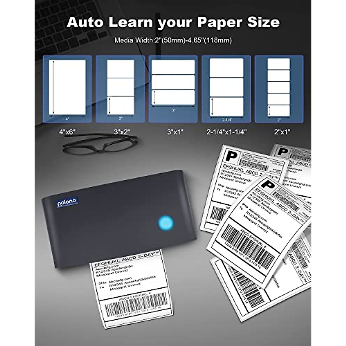 POLONO Thermal Label Printer, PL60 4x6 Label Printer for Shipping Packages, Thermal Label Maker, Compatible with Amazon, Ebay, Etsy, Shopify, FedEx, UPS, etc, Support Windows, Mac, Linux (Gray)