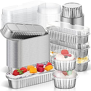 Eaasty 100 Pcs Mini Loaf Pans with Lids and Cupcake Liners with Lids for Valentine's Day Party Aluminum Foil Baking Pans Disposable Tin Loaf Pans Round Foil Cupcake Cups Foil Baking Cups(Silver)