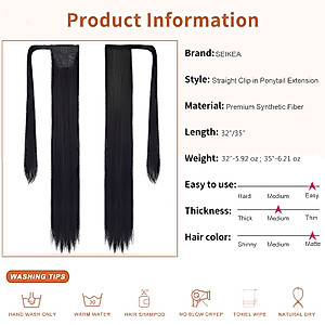 SEIKEA 35 Inch Clip in Ponytail Extension Wrap Around Long Straight Pony Tail Hair Synthetic Hairpiece for Women - Black