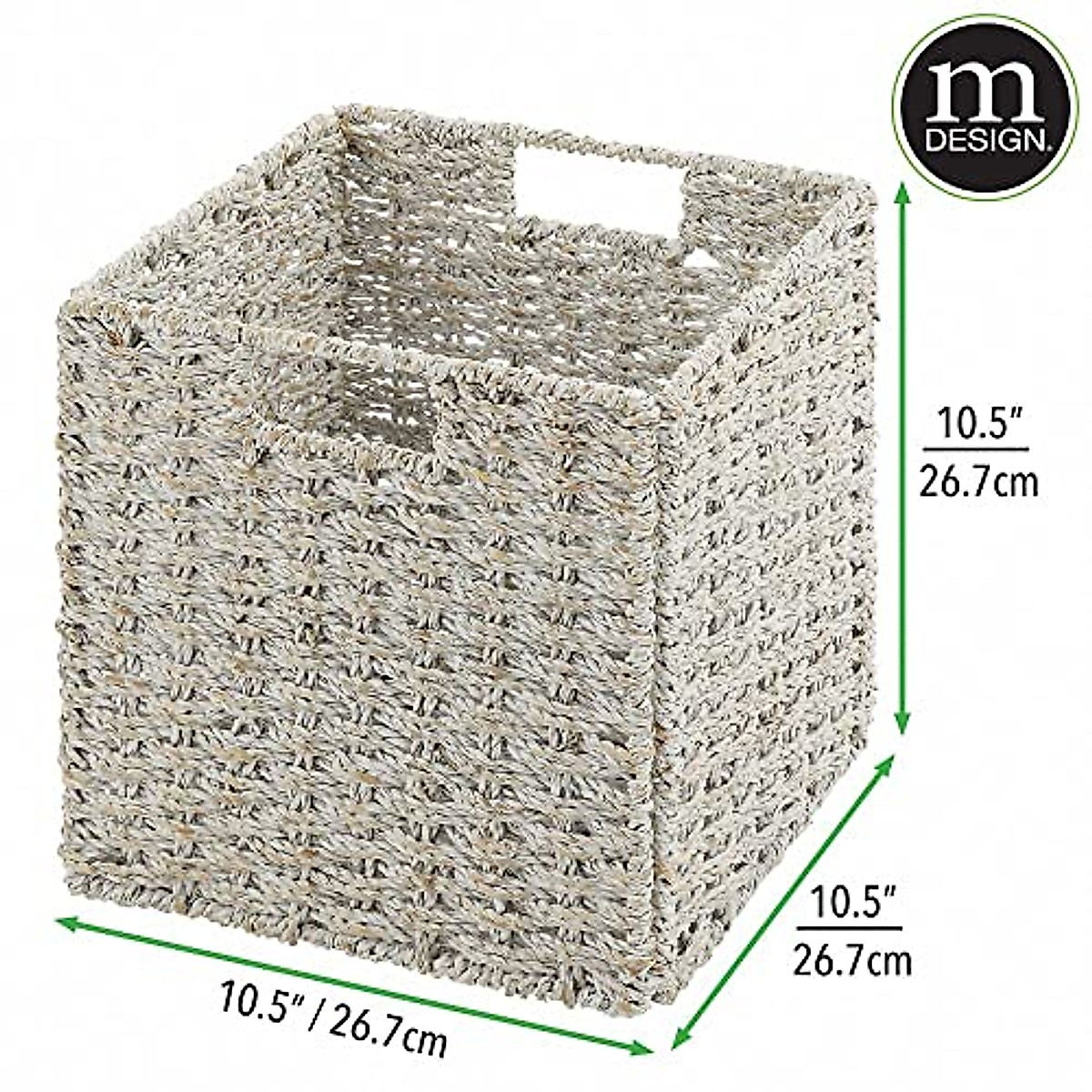 mDesign Seagrass Woven Cube Storage Bin Basket Organizer with Handles for Kitchen Pantry, Cabinet, Cupboard - Shelf and Cubby Organization, Holds Food, Drinks, Snacks, Appliances - 2 Pack - White Wash