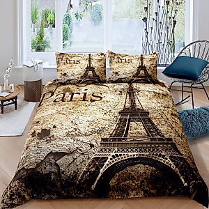 Eiffel Tower Comforter Cover Set Chic Paris Duvet Cover for Kids Boys Girls Romantic Theme Bedding Set French Style Vintage Brown Decor Bedspread Cover with 1 Pillowcase 2Pcs Bedding Twin
