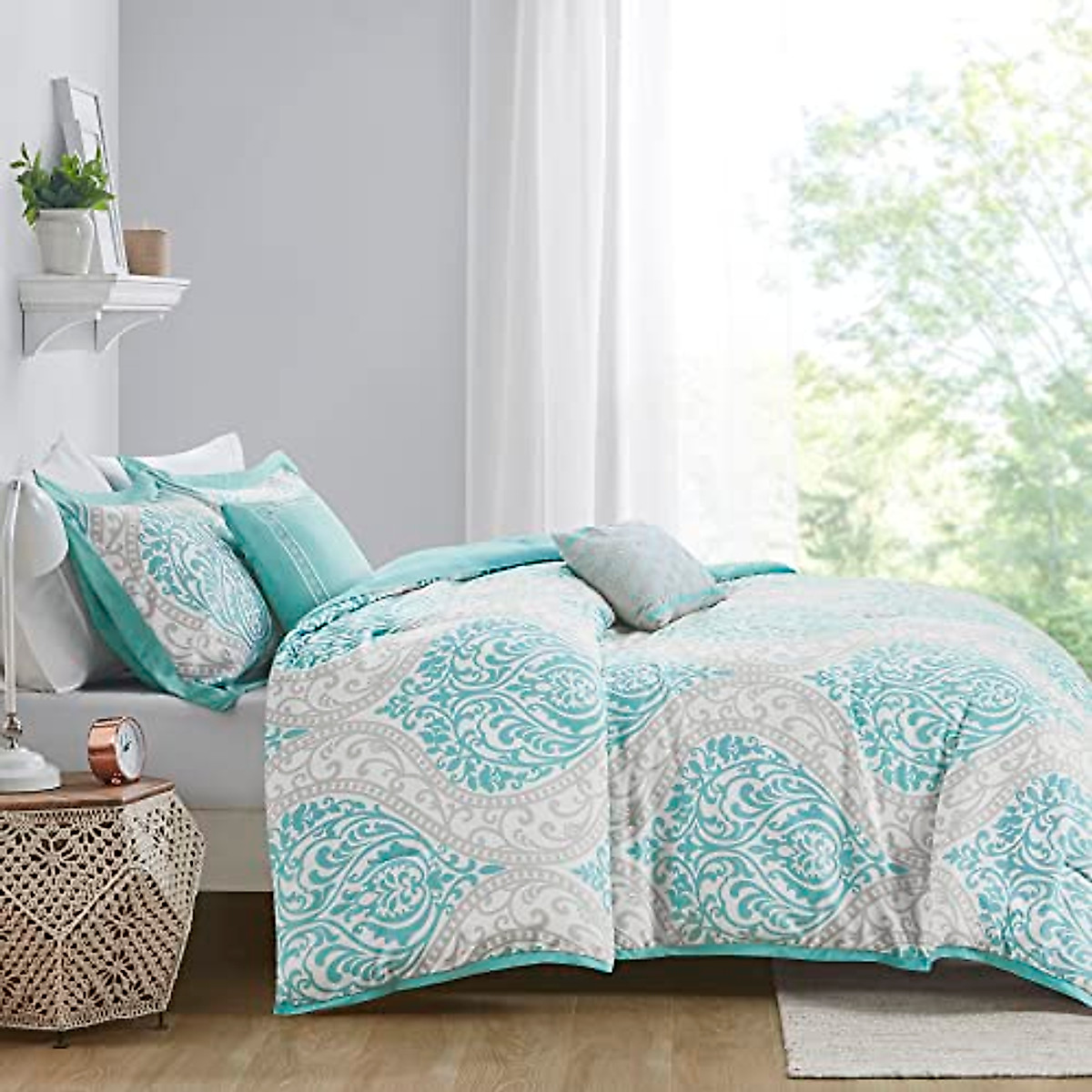 Intelligent Design ID10-898 Senna Comforter Set King/Cal King Size - Aqua Blue/Gray, Damask – 5 Piece Bed Sets – Ultra Soft Microfiber - All Season Comforter Set Bedding