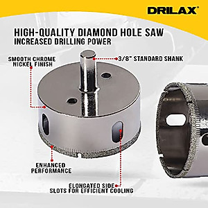 Drilax 2-1/2 inch Diamond Coated Drill Bit Hole Saw Ceramic Porcelain Tile Glass Fish Tank Marble Granite Quartz Holesaw Kitchen Bathroom Shower Drilling Tool 2.5 Inch