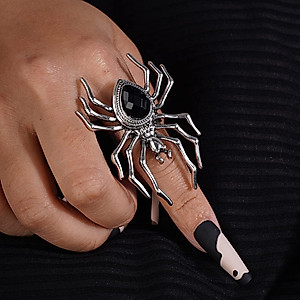 Jumwrit Spider Ring for Women Vintage Knuckle Ring Black Rhinestone Finger Ring Silver Extra Big Spider Ring Daily Festival Accessory for Girl