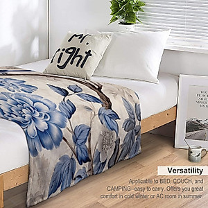 Blanket Blue White Floral Spring Flower Bird ChinoiserieWarm Blanket Flying Bird Flower Blue White Flannel Fleece Throw Blanket for Couch Sofa Bed for Adults Kids Boys Teens Gift for Adults 50"x60"