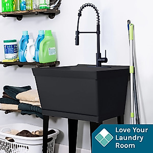 Utility Sink Extra-Deep Laundry Tub in Black with High-Arc Coil Pull-Down Sprayer Faucet in Matte Black, Integrated Supply Lines, P-Trap Kit, Heavy Duty Floor Mounted Freestanding Wash Station