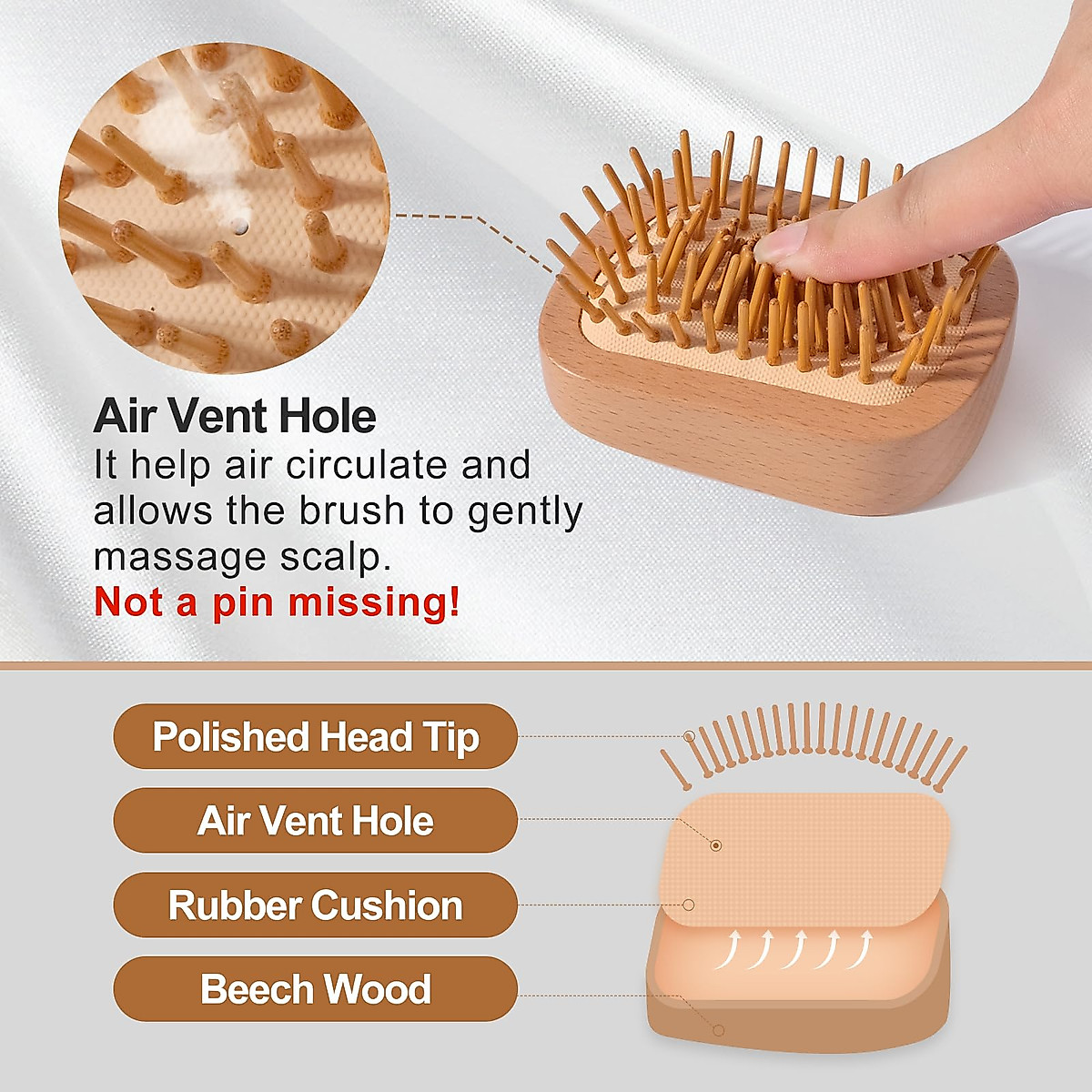 Maji Mama Handmade Natural Wooden Hair Brush Hairbrush with Bamboo Pins Massage Scalp & Detangling All Hair Types