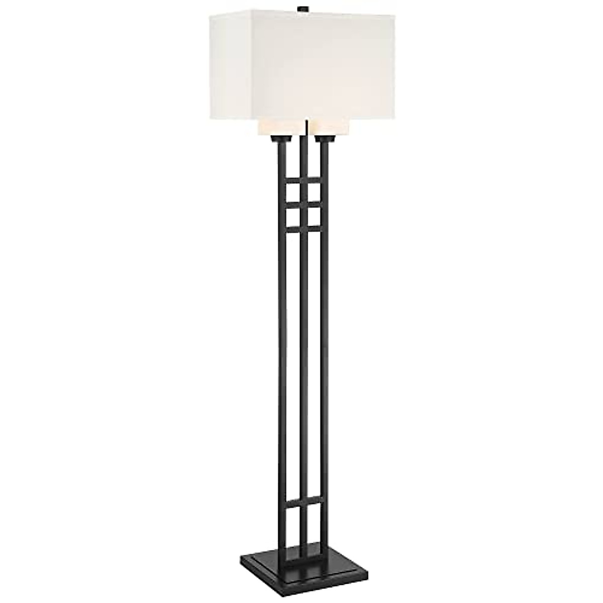 Franklin Iron Works Winslow Modern Industrial Floor Lamp 64" Tall Matte Black Metal 3-Light Rectangular Linen White Frosted Glass Shades for Living Room Reading Bedroom Office Family House Home