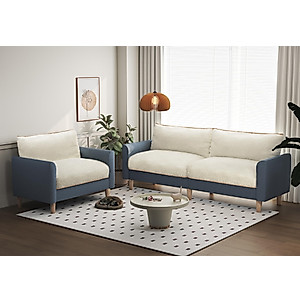 Woyomeub Couches for Living Room Accent Chair 45" Living Room Armchair, 1.5 Seater Sofa Teddy Fleece Fabric, Beige & Blue