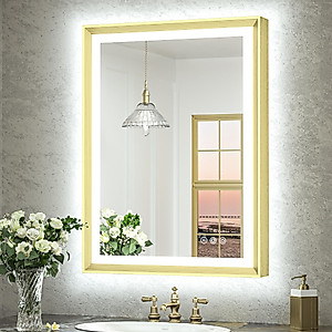 TokeShimi 24x36 Inch LED Bathroom Vanity Mirror Gold Frame Backlit and Front Lighted Aluminum Alloy Rectangle Beveled Edge Tricolors Stepless Dimmable Anti-Fog Memory Function for Wall Decor