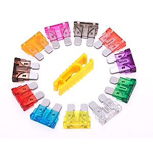 Ginsco 130 Pcs Blade Fuses Assortment Kit Standard Regular Size 2A 3A 5A 7.5A 10A 15A 20A 25A 30A 35A 40A with Puller for Car RV Truck Marine Boat Motorcycle Bus