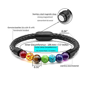 Jovivi 7 Chakra Beads Bracelet Healing Crystals Stone Energy Beads Balancing for Men Women Leather Cuff Bracelets Stainless Steel Buckle