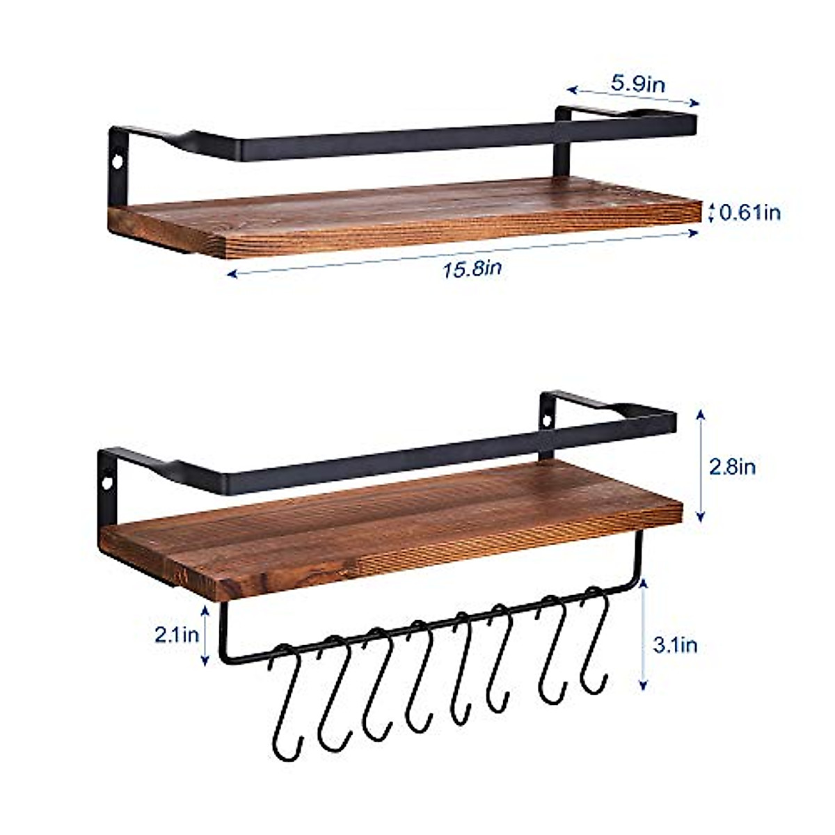 Micup Floating Shelves Wall Mounted Set of 2 Rustic Wood Storage Shelf for Bathroom, Bedroom, Kitchen, Living Room (with Removable Hooks, Dark Brown)