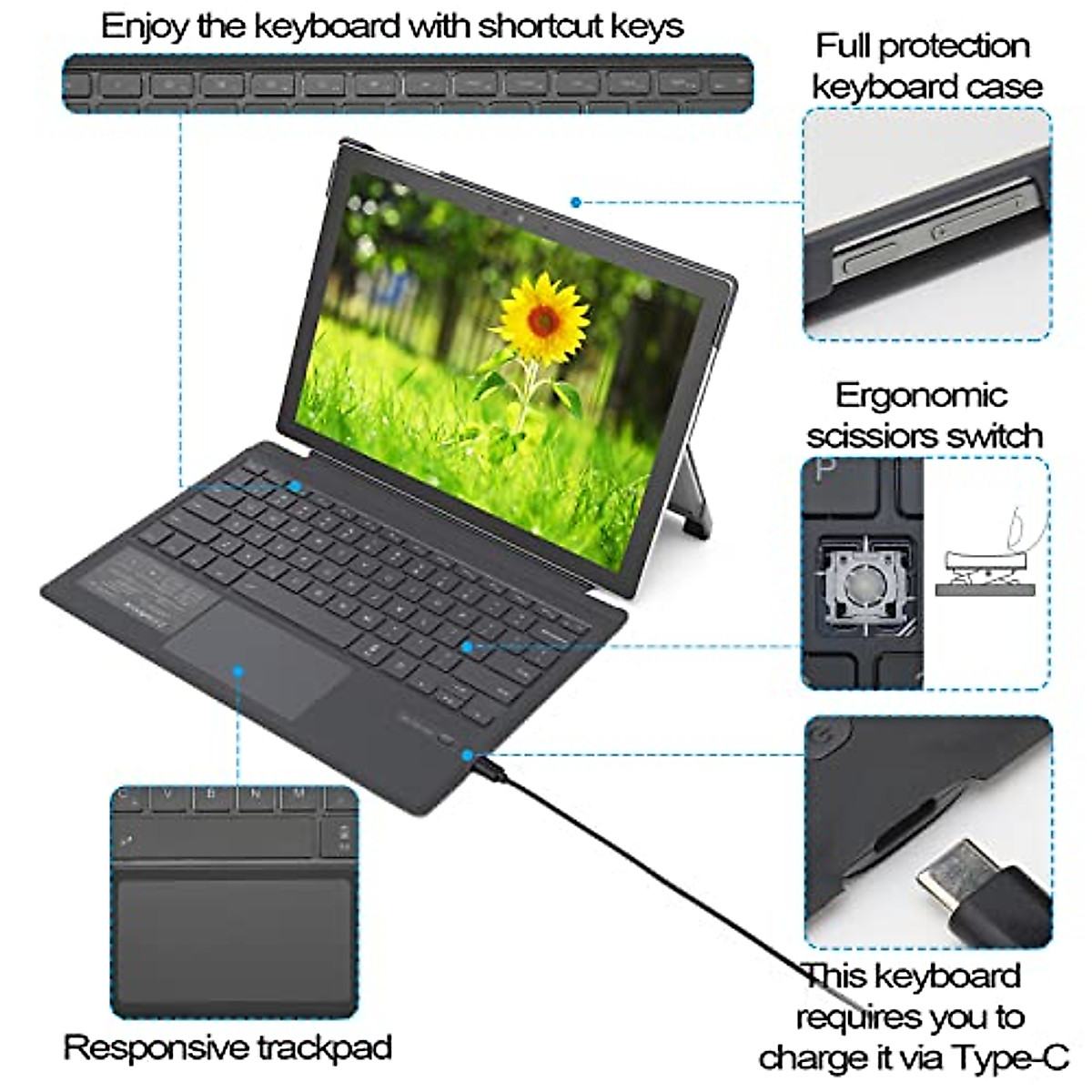 Qulose Surface Pro Keyboard Case, 7 Color Backlight Detachable Keyboard with Trackpad, Case with Keyboard for Microsoft Surface Pro 7+/ 7/6 / 5/4 / 3 Tablet - Grey