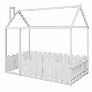 Merax Twin Size House Bed Frames Platform Bed with Fence for Boys or Girls, Box Spring Needed(Slats Kit Not Included), White
