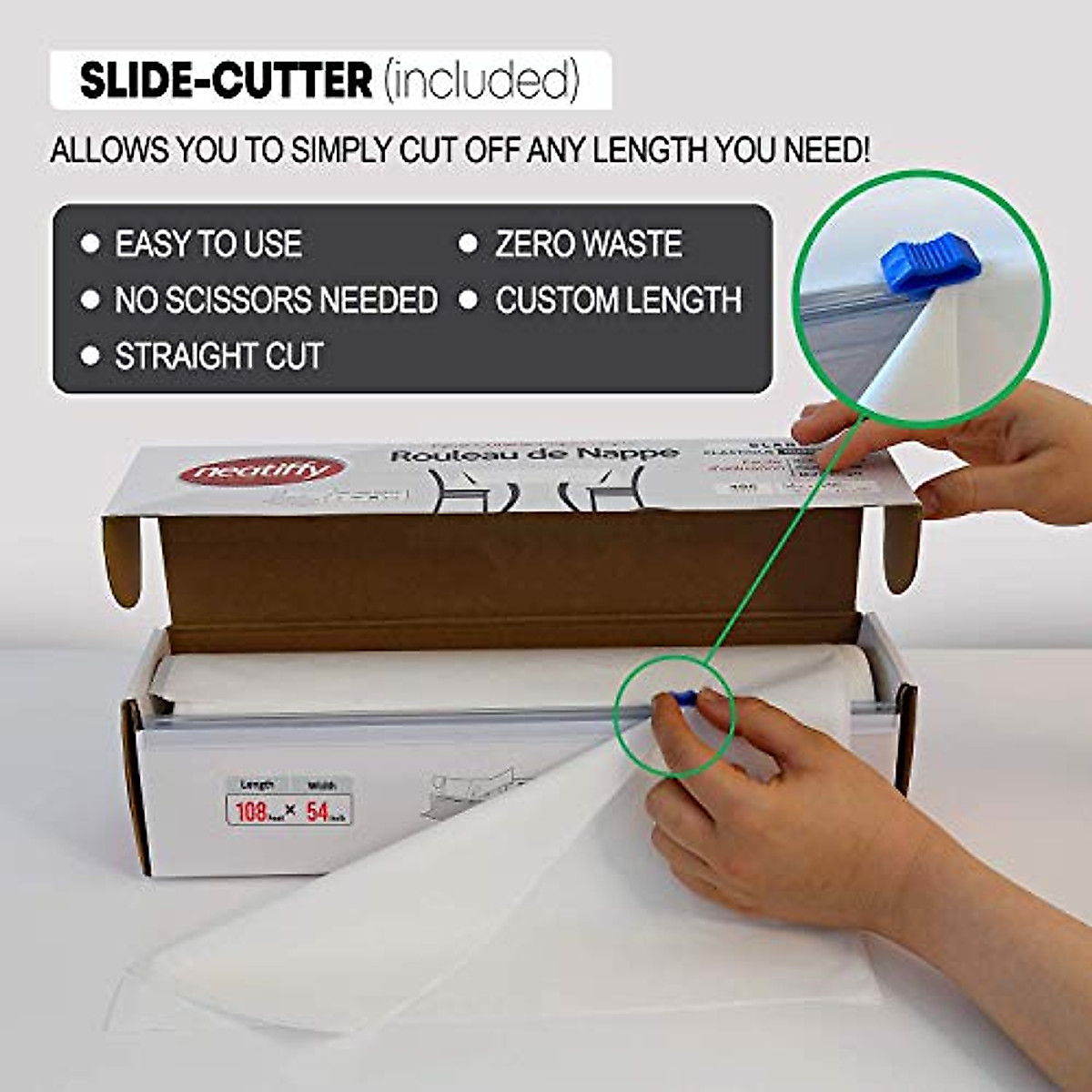 Neatiffy Disposable Plastic Table Cloth Roll | 54 in x 108 Ft Waterproof Tablecloth | Table Cover for Rectangle, Square, Round Oval Tables | Picnic, Party, Banquet, Birthdays, Weddings - White