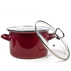 Enamel Stock Pot Burgundy Enamelware Pot Enamel Cooking Pot with Glass Lid (3.2-qt. (3 L))