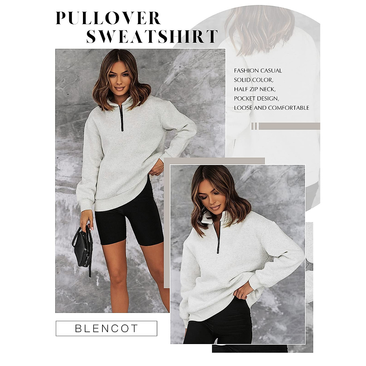 BLENCOT Women Half Zip Oversized Sweatshirts Long Sleeve Solid Color Drop Shoulder Fleece Workout Pullover Gray L