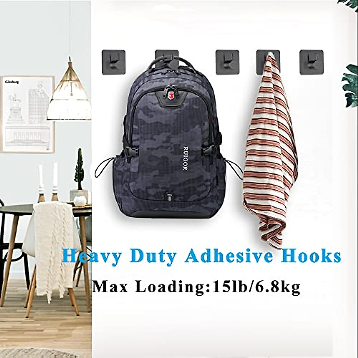 Fotosnow Black Adhesive Towel Hooks Heavy Duty Stick on Wall Hooks Shower Hooks for Bathroom Kitchen Door-4 Packs