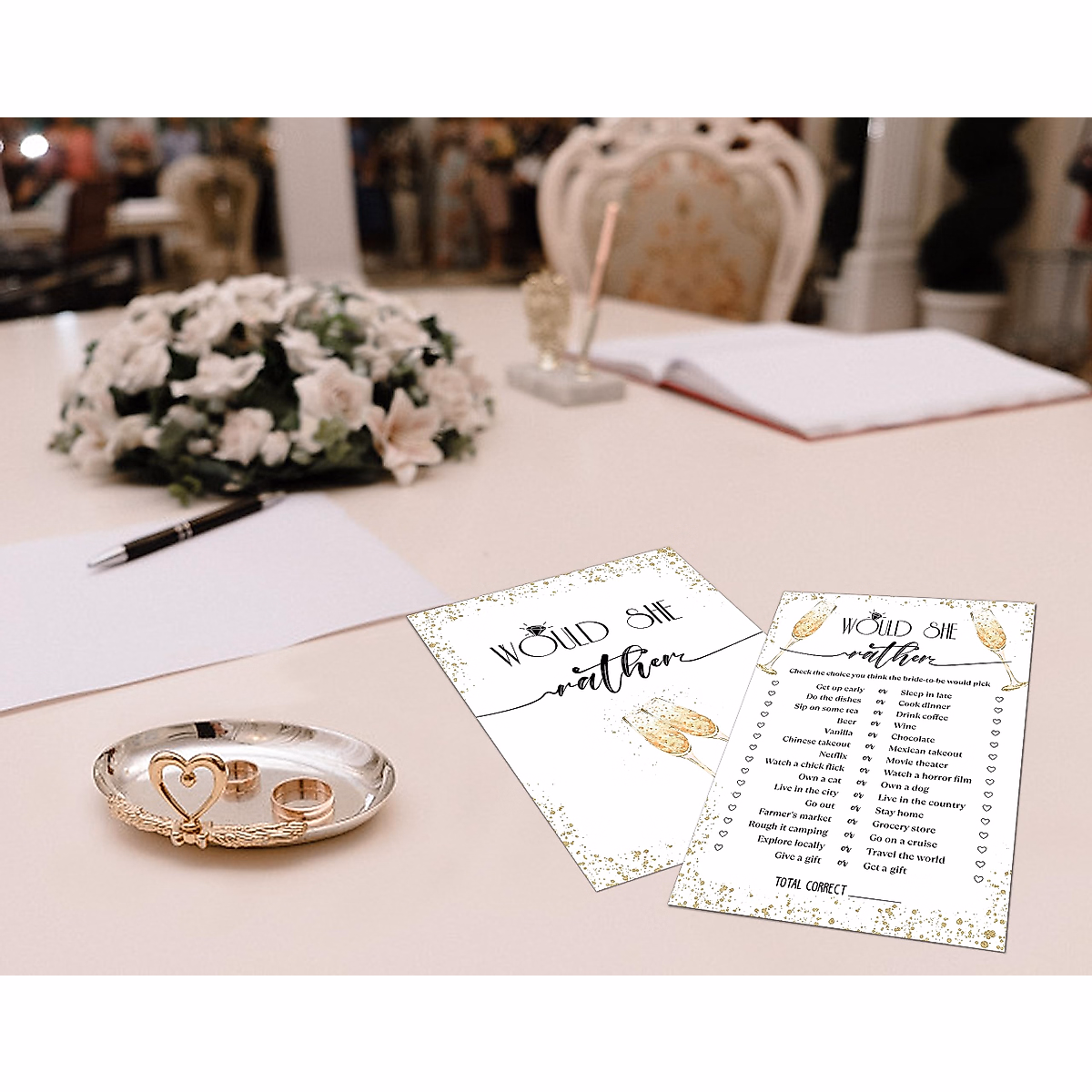 Would She Rather - Bridal Shower Game, Wedding Shower and Bachelorette Party - Set of 30 Cards, Gold Champagne Bridal Wedding Party Game Cards for Guests, Bridal Shower Party Decorations-LN1
