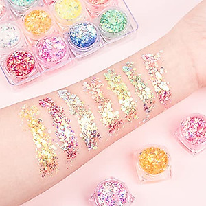 Glow in The Dark Body Face Glitter Gel, 12 Colors Luminous , Self-Adhesive UV Black Light Iridescent Chunky Glitter for Hair/Eyeshadow, Carnival Party Halloween Makeup