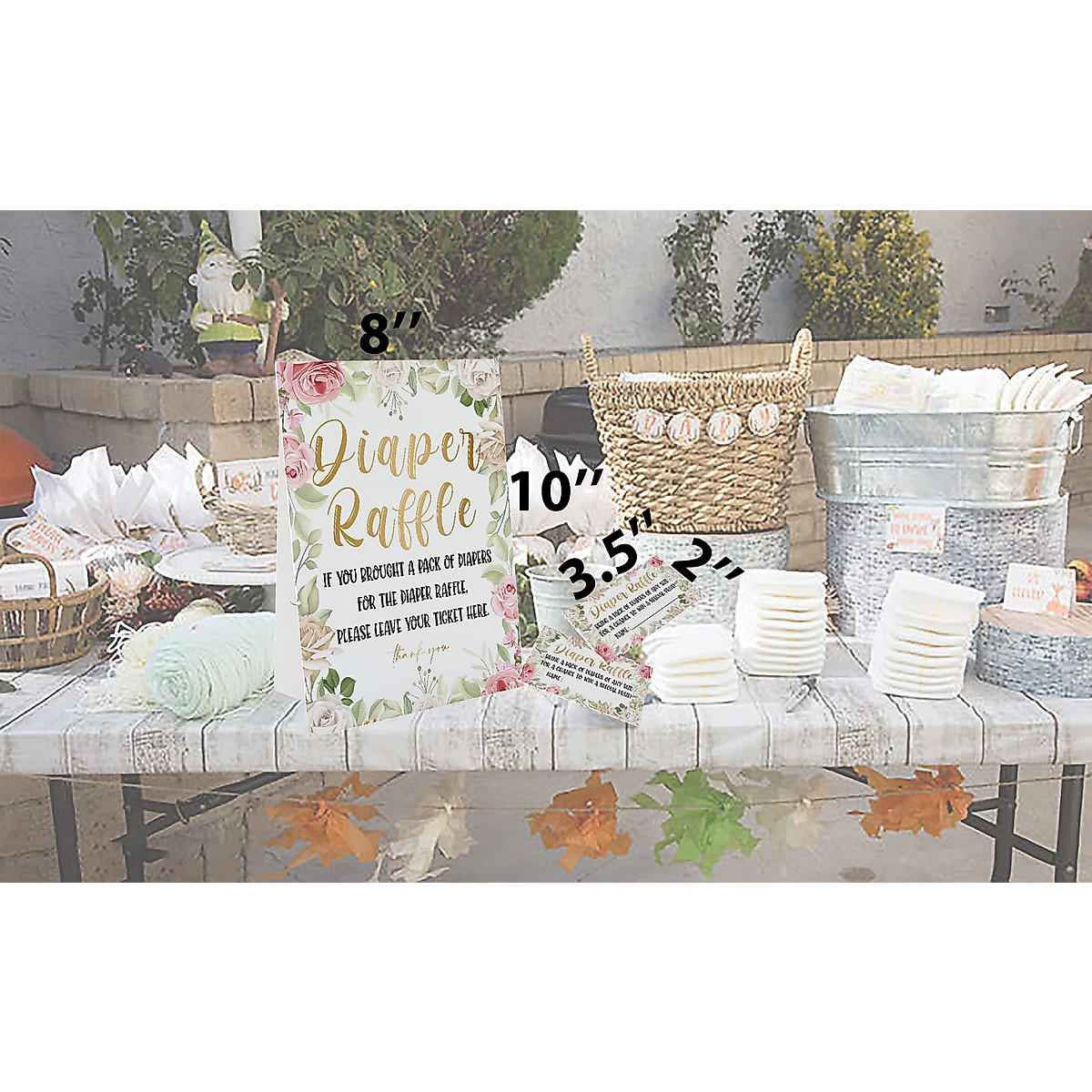 Diaper Raffle Cards with Sign(Sign 8x10 Inch), Leafy Floral Theme Baby Shower Games, Baby Showers Decorations -1 Standing Sign + 50 Guessing Cards(raffle16)
