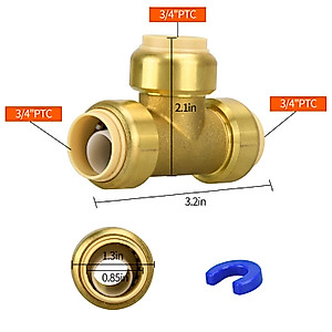 1/2/6/12 Pack Push Fit Plumbing Fittings, 1/2“ Valves/ 3/4" Valves, Elbows/Straights/Tees/End Caps with Disconnect Clip Tool, Brass Pushfit Fittings for Copper, PEX CPVC (3/4" Tee, 6pcs)