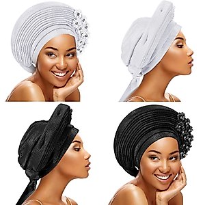 Cuffbow 2 Pcs Gele African Head Wraps Nigerian Auto Gele Headties with Stones Turbans Hats for Black Women Wedding Party (Black, White)